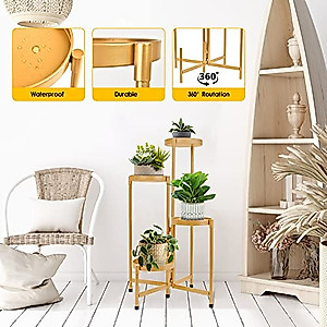 HOEGMST 4 Tier Plant Stand Indoor Outdoor, 31 Inch Tall Metal Plant Shelf Waterproof, Plant Holder with Folding Design For Home, Living Room, Gold