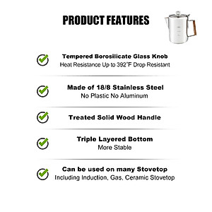 APOXCON Multi Use Coffee Percolator Using On Indoor Induction Cooktop, Electric Stove, Outdoor Campfire Stovetop, Camping Coffee Pot with Glass Knob Top 9 Cup