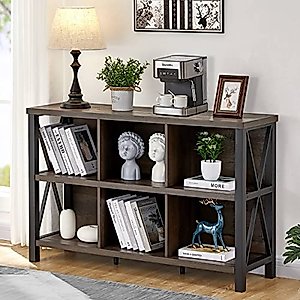 FATORRI Rustic 6 Cube Storage Organizer with Shelf, Wood and Metal Cubby Bookcase, Industrial Horizontal Bookshelf (Walnut Brown, 47 Inch)