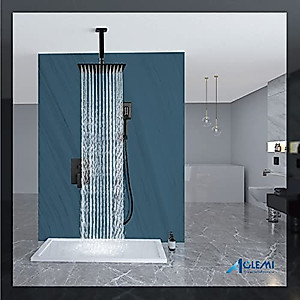 Aolemi Matte Black Shower System Ceiling Mount 12 Inch Rain Shower Head with 3 Functions ABS Handheld Spray Luxury High Pressure Shower Combo Set Rough-in Valve and Shower Trim Included Bathroom