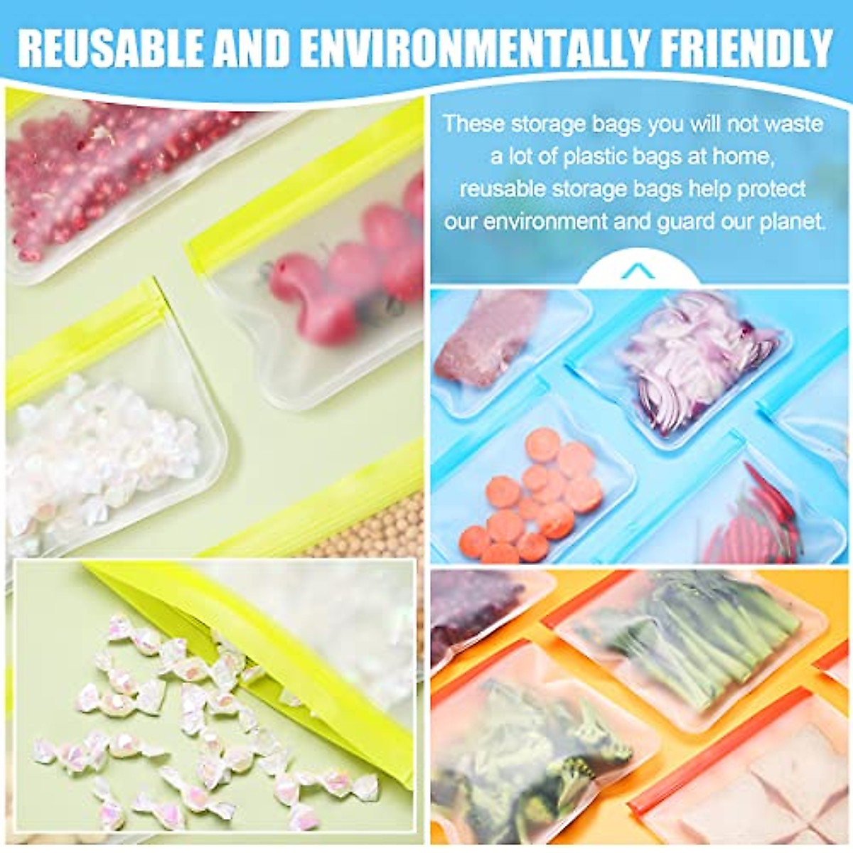 Reusable Food Storage Bags- 10 Pack Leakproof Reusable Freezer Bags (3 Reusable Gallon Bags +4 Reusable Sandwich Bags + 3 Reusable Snack Bags)，Silicone Food Bags for Meat Fruits and Vegetables.