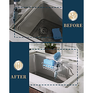 Consumest Sponge Holder for Kitchen Sink with Adhesive Hook & Suction Cups, Rustproof Stainless Steel Sink Caddy, Kitchen Sink Organizer for Sponge, Brush, Sink Stopper - Silver