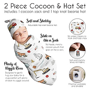 Sweet Jojo Designs Construction Truck Baby Boy Cocoon and Beanie Hat Set Jersey Stretch Knit Sleeping Bag Infant Newborn Nursery Sleep Wrap Sack - Grey Yellow Orange Red and Blue Transportation