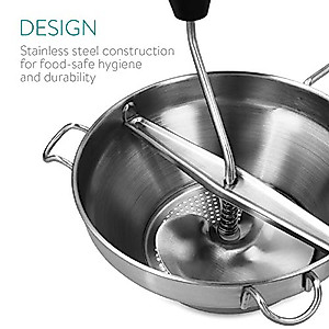 Navaris Stainless Steel Food Mill - Rotary Food Mill Vegetable Strainer Potato Masher Grinder with 3 Milling Discs, 1 Quart Capacity - Dishwasher Safe