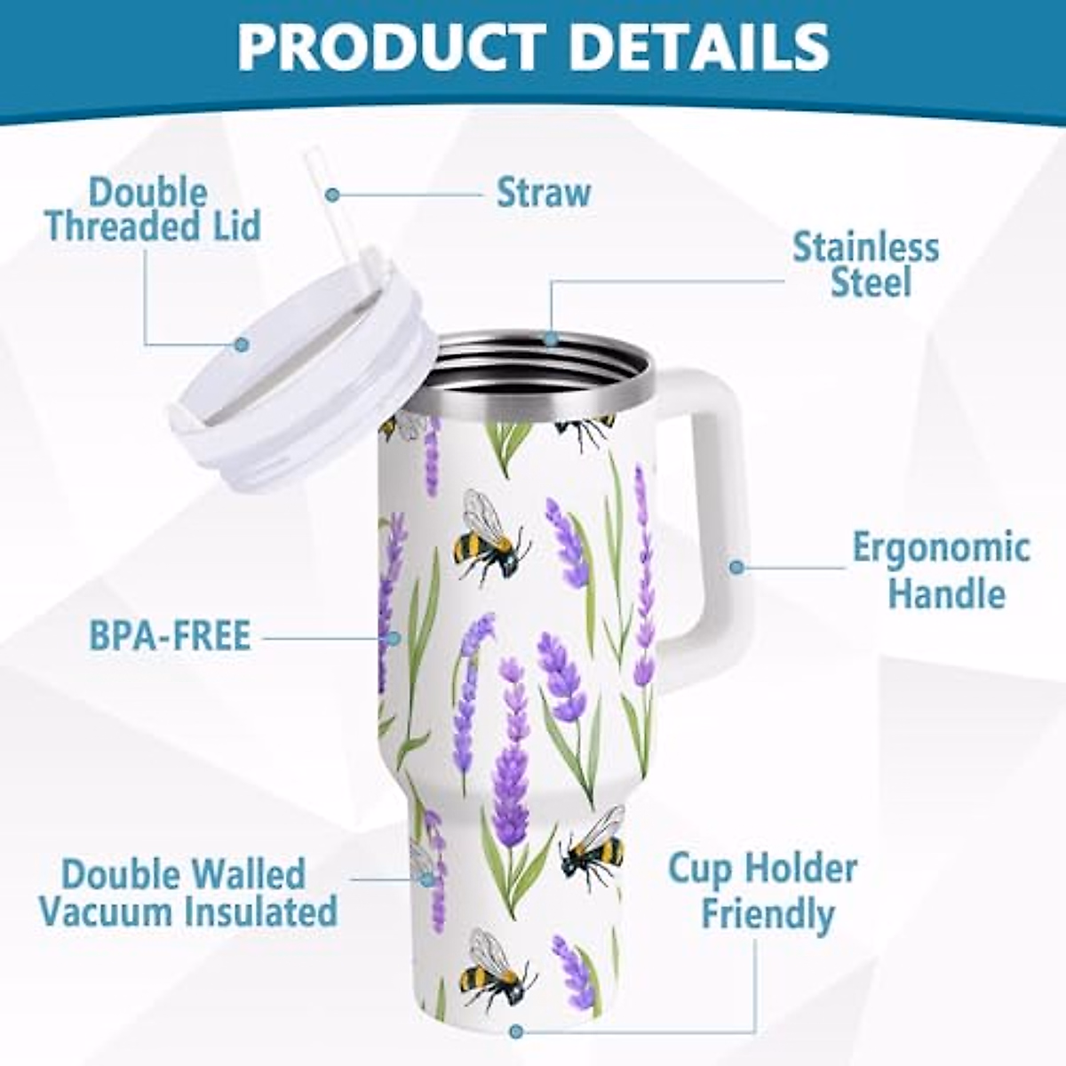ODAWA Large Bees Lavender Flowers Insulated Tumbler Cup with Straw and Handle, Steel Insulated Tumbler