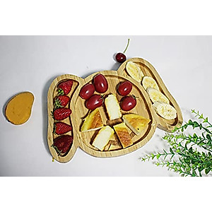 Baby Bamboo Plates with Suction Toddler Cute Dog Plates Natrual Bamboo Feeding Dishes for Kids Children (Green)