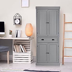 MAT EXPERT Kitchen Pantry Cupboard Cabinet, Freestanding Storage Cabinet w/Drawers & Adjustable Shelves, 4-Door Wooden Storage Organizer for Living Room/Kitchen/Bedroom (Gray)