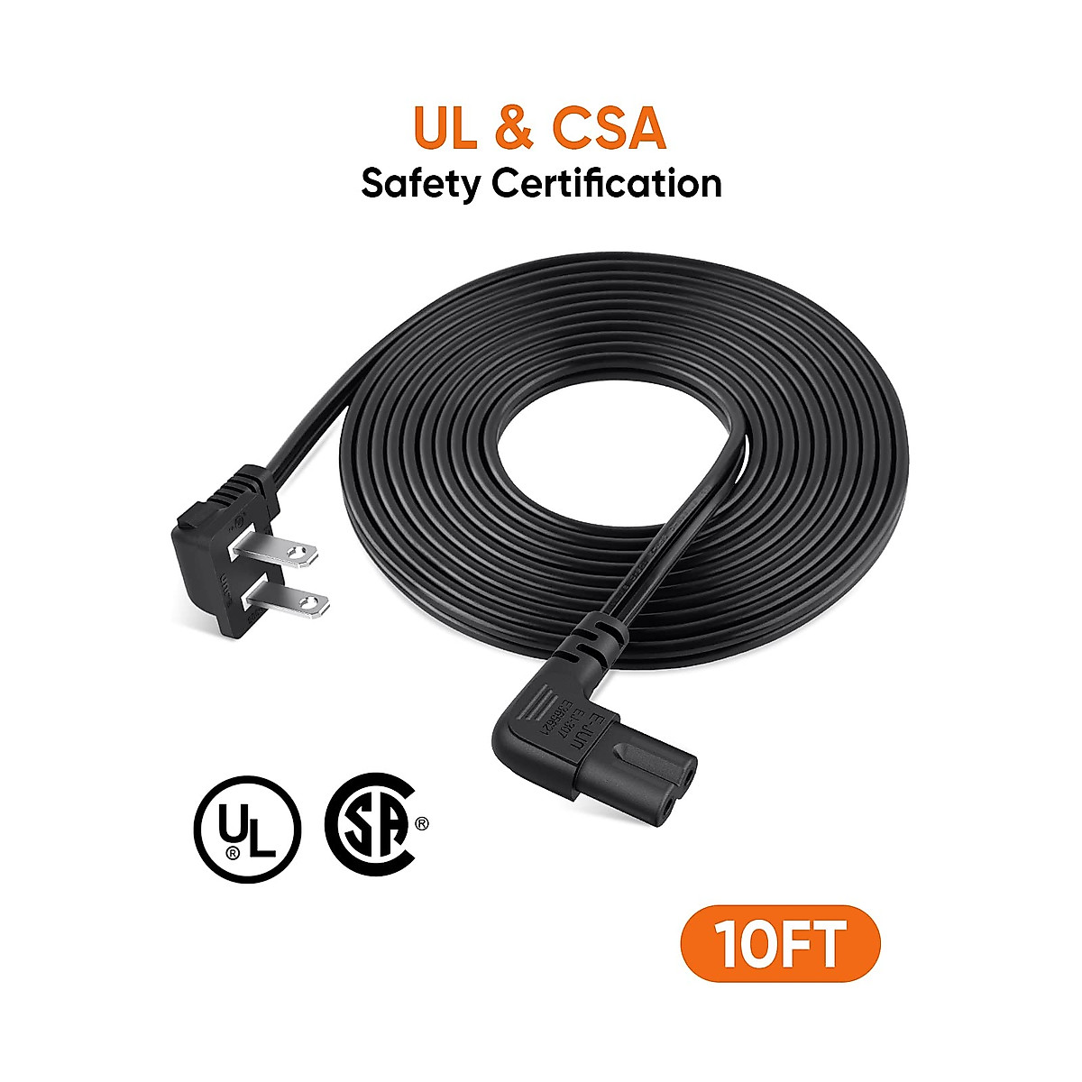CableCreation 10 Feet 18 AWG Angled 2-Slot Non-Polarized Angle Power Cord for Samsung TV LG TCL Replacement (IEC320 C7 to Nema 1-15P), 3M