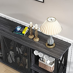 O&K FURNITURE Wine Bar Cabinet for Liquor and Glass with Storage & LED Lights, Rustic Metal Wood Wine Rack Buffet Cabinet, Industrial Coffee Bar Cabinet for Living Room, Home Bar (Grey)