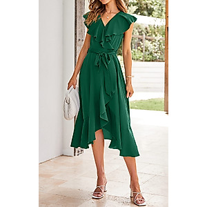 PRETTYGARDEN Women's Summer V Neck Ruffle Wrap Tie Maxi Dress Solid Color Flutter Sleeve Holiday Dresses for Women 2023 (Dark Green,Medium)
