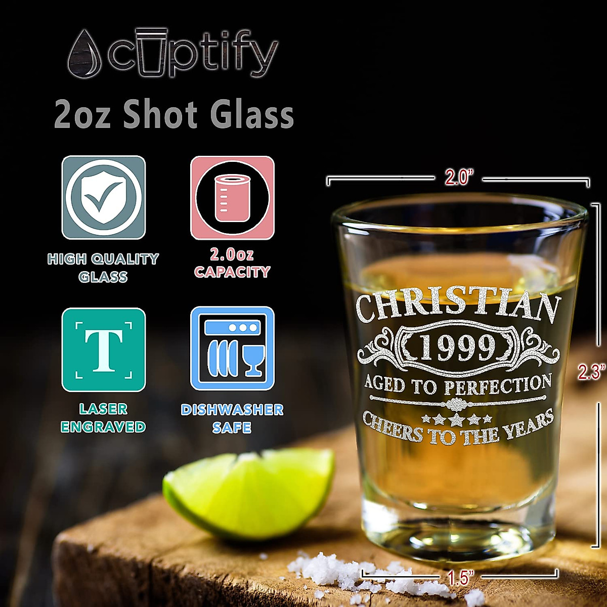 Personalized Beer Glass 24th Birthday Gift for Men Vintage Aged To Perfection 24 Years Old 1999 Etched 2 oz Shot Glasses Pair Set of 2 Custom Birthday Gift for Fathers, Dads, Husbands