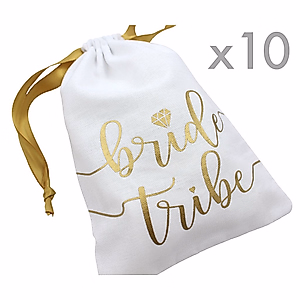 10pc Bride Tribe Drawstring Bags w/Satin Ribbon, 7x5” - Cotton Pouch for Bridesmaids, Bachelorette, Bridal Party, Bridal Shower, Wedding Favor, Survival Kit, Hangover Kit (10pc Pack, White & Gold)