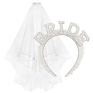 Casoty Pearl Hairband and White Bridal Veil, for Wedding, Bridal Shower, Prom, Pageant, Birthday, Halloween, Valentine's day or other Special Occasions, One Size, Hairband, by Casoty