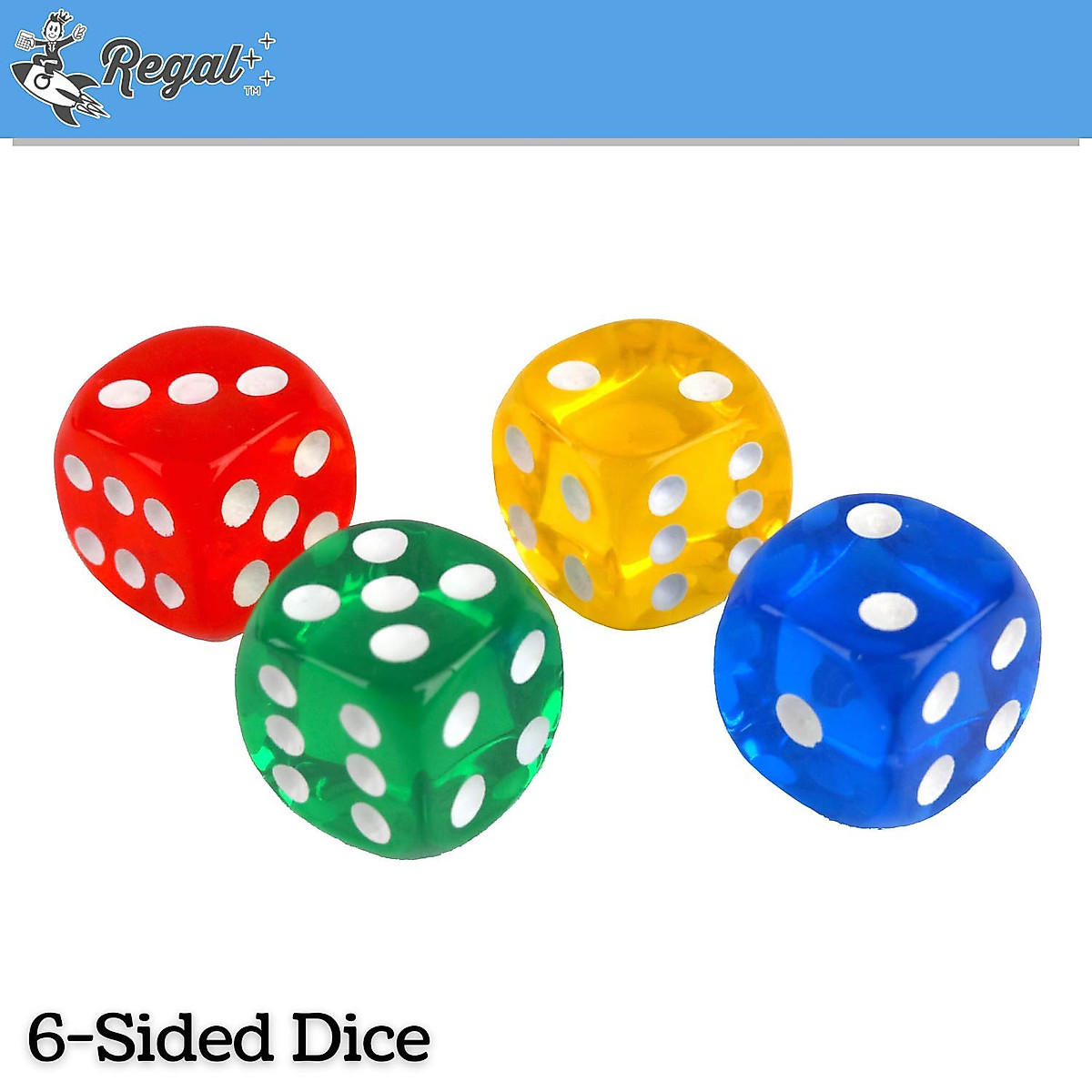 Regal Games 6-Sided Translucent 16mm Dice Set - Playing Colored Set of Dice - Square Dice for Classroom or Family Game Night - 50 Dice