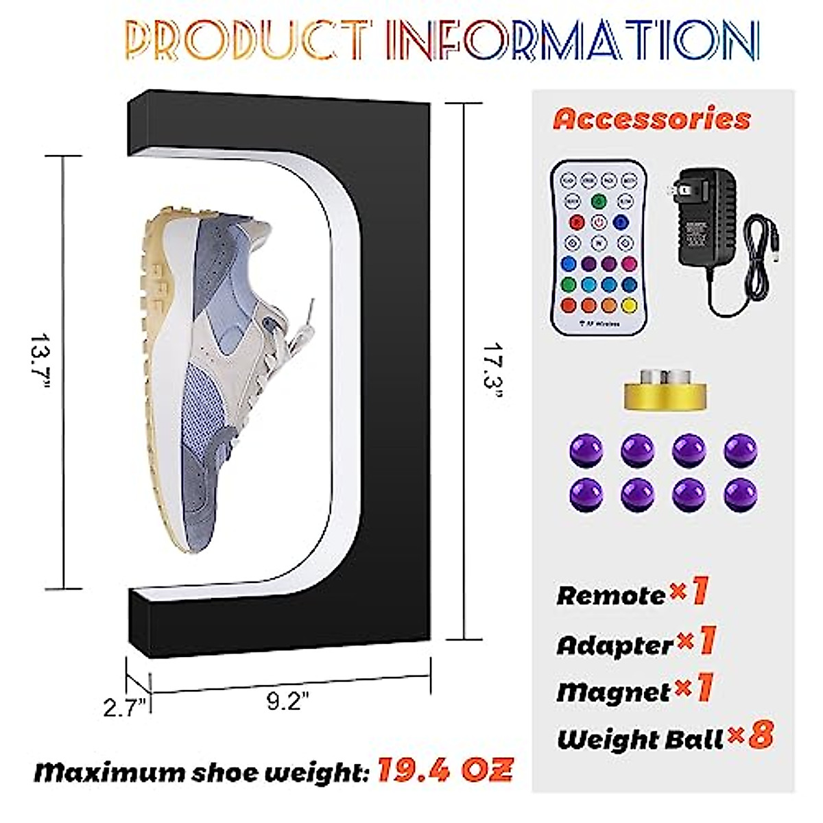 Meticuloso Levitating Shoe Display Stand,Floating Sneaker Stand,Magnetic Levitating Sneaker Stand Holder for 19.4 OZ Shoes for Shoes Collectors Advertising Exhibition Shoe Stor (Black)