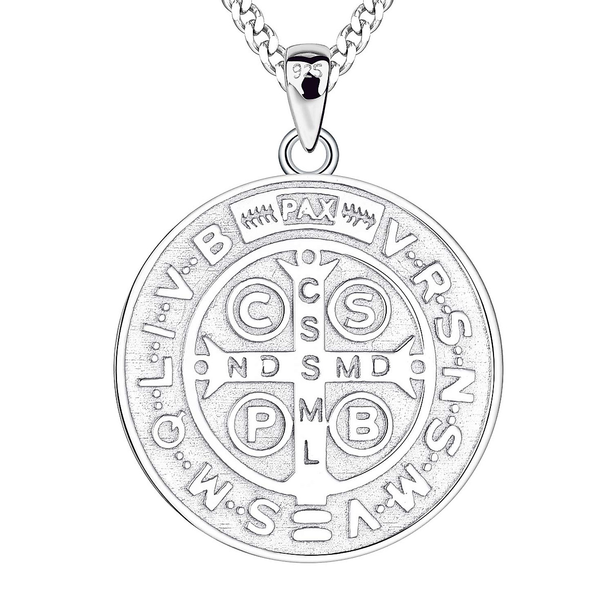 FJ Saint Benedict Necklace 925 Sterling Silver, NR Cross Protection Pendant,Round Coin Antiqued Religious Protector Talisman Pendant