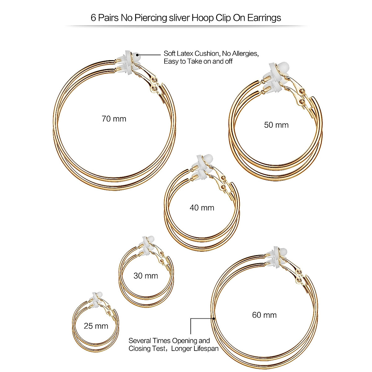 6 Pairs Earrings Clip On Earrings Non Piercing Earrings Set for Women and Girls, 6 Sizes (Gold Color)
