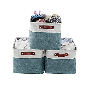 Storage Baskets for Shelves, Closet Storage Bins for Organization, Fabric Bins Cube W/Handles for Organizing Shelf Nursery Home Closet, Large - 3 Pack,Green/White
