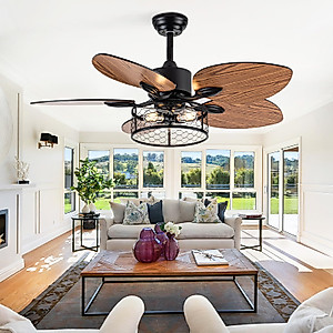 UOJ 42 Inch Farmhouse Ceiling Fan Light Tropical Ceiling Fan with Light Remote Control Rustic Palm Leaf Shape Blades Industrial Cage Light, Matte Black