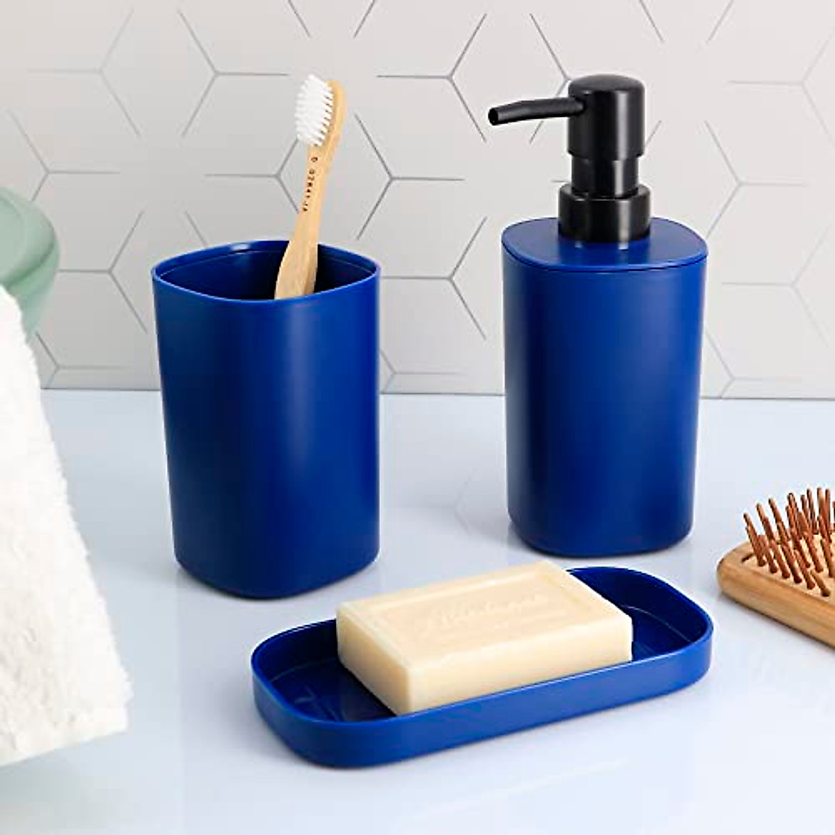 Bathroom Set - Includes Tumbler, Soap Dispenser and Soap Dish - Set of 3 Accessories (Royal Blue)
