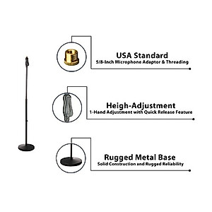 Pyle Universal Microphone Stand - M-6 Mic Mount Holder and Height Adjustable from 27.5” to 57.5” Inch High w/ Compact Round Base Plate - Quick Setting Lock-Tight Knob Lightweight and Reliable PMKS40