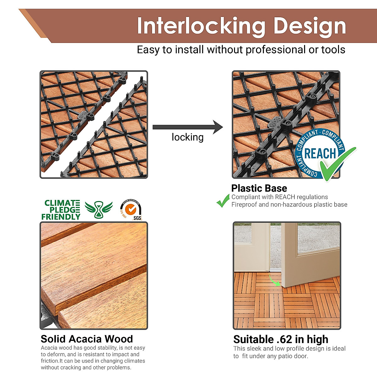 PrimeZone 27 PCS Solid Acacia Wood Interlocking Patio Deck Tiles - 12" x 12" Indoor Outdoor Waterproof Flooring Tiles for Balcony, Backyard, Garden & Poolside, All Weather Use, Natural Wood