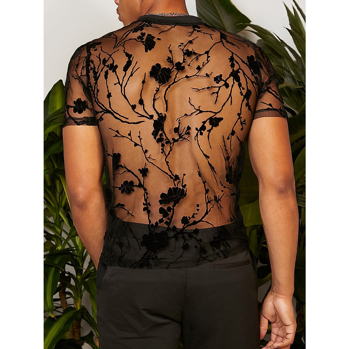 WDIRARA Men's Floral Print See Through Round Neck Short Sleeve Mesh Tshirt Party Top Black XL