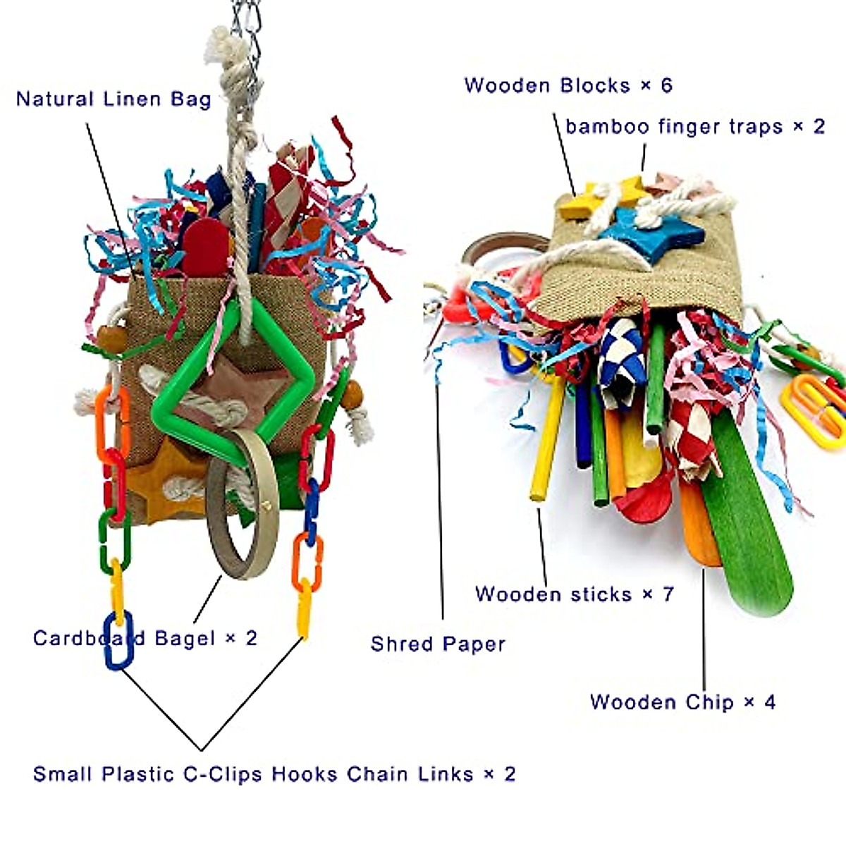 GILYGI Bird Lucky Bag Toys - Bird Foraging Bag with Array of Chewable Toys for Small and Medium Parrot Cockatiels Parakeets Conures Quakers Caiques Pionus Senegals