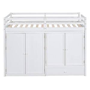 Merax Twin Size Wood Loft Bed with Drawer, Two Wardrobes, and Mirror, Wooden Bedframe with Ladder and Safety Guardrail for Boys Girls Adult, No Spring Box Needed, White