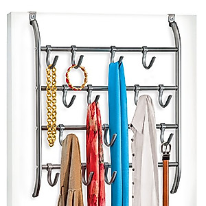Lynk® Over Door or Wall Mount 16 Hook Rack - Shirt, Belt, Hat, Coat, Towel, Purse, Bra Organizer - Platinum
