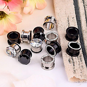 Longbeauty 12pcs Gorgeous Cubic Zirconia Tunnels 316L Stainless Steel Ear Gauges Earring Plugs for Ears Screw Fit Body Piercing Jewelry 4g-3/4
