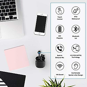Wireless Earbuds Bluetooth 5.0 Headphones Touch Control in-Ear Wireless Earphones with Charging Case Microphone Noise Cancelling Deep Bass Waterproof Headset for Android iOS iPhone Samsung Black