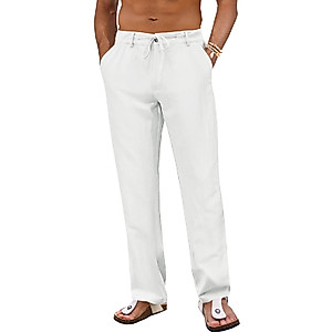 PASLTER Mens Cotton Pants Drawstring Casual Jogger Yoga Beach Pant Elastic Waist Slim Fit Trousers for Men White