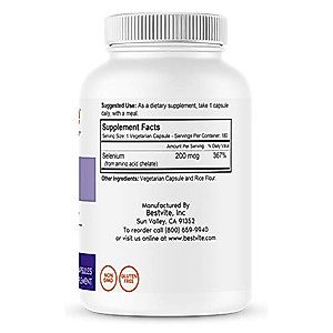 BESTVITE Selenium 200mcg (180 Vegetarian Capsules) - No Stearates - No Flow Agents - Vegan - Non-GMO - Gluten Free