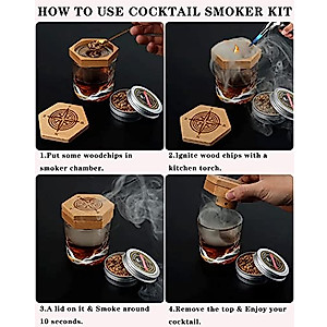 Cocktail Smoker Kit 4 Pack Of Cherry, Hickory, Apple & Oak Wood Chips - Smoke Stack for Old Fashioned Whiskey Bourbon Smoker kit Gift for Dad, Husband, Friend and Brother Increase the Party Atmosphere (hexagon)