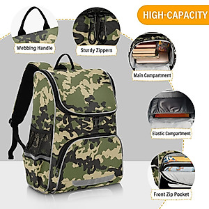 School Backpack with Chest Strap, Army Green Camouflage Laptop Backpack, Travel Hiking Backpack for Boys Girls, Rucksack, Knapsack