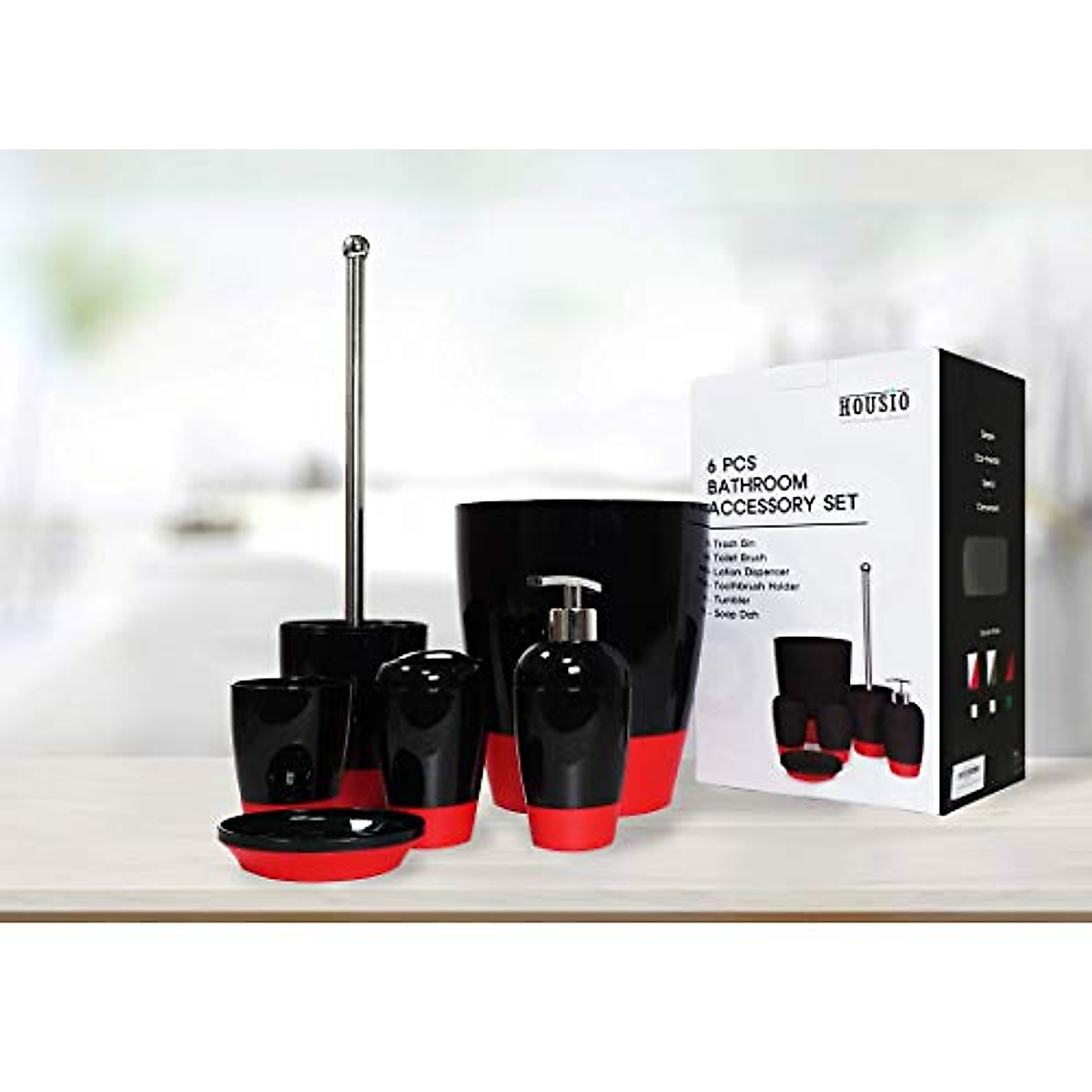 HOUSIO Eco-Friendly Bathroom Accessories Set,6Pcs Gift Set Toothbrush Holder,Tumbler,Lotion Dispenser,Soap Dish,Toilet Brush,Trash Bin Set (Black/Red)