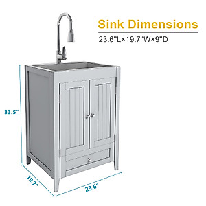 VINGLI 24-Inch Laundry Sink with Cabinet and Pull-Out Sprayer Faucet, Stainless Steel Utility Sink with Cabinet and Drawer Combo, Cabinet with Sink for Laundry & Utility Room, Kitchen, Bathroom, Grey