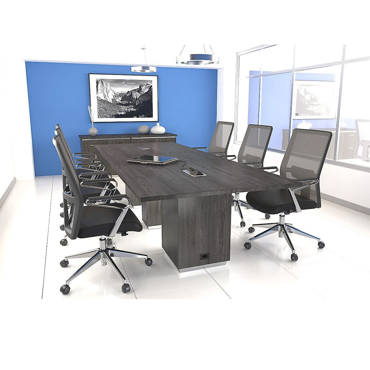 Thaweesuk Shop New Gray 12 FT Modern Executive Rectangle Shaped Conference Table Square Legs Grommets Racetrack Meeting Boardroom Desk High End Office Furniture Wood 144''L x 48''W x 30''H of Set