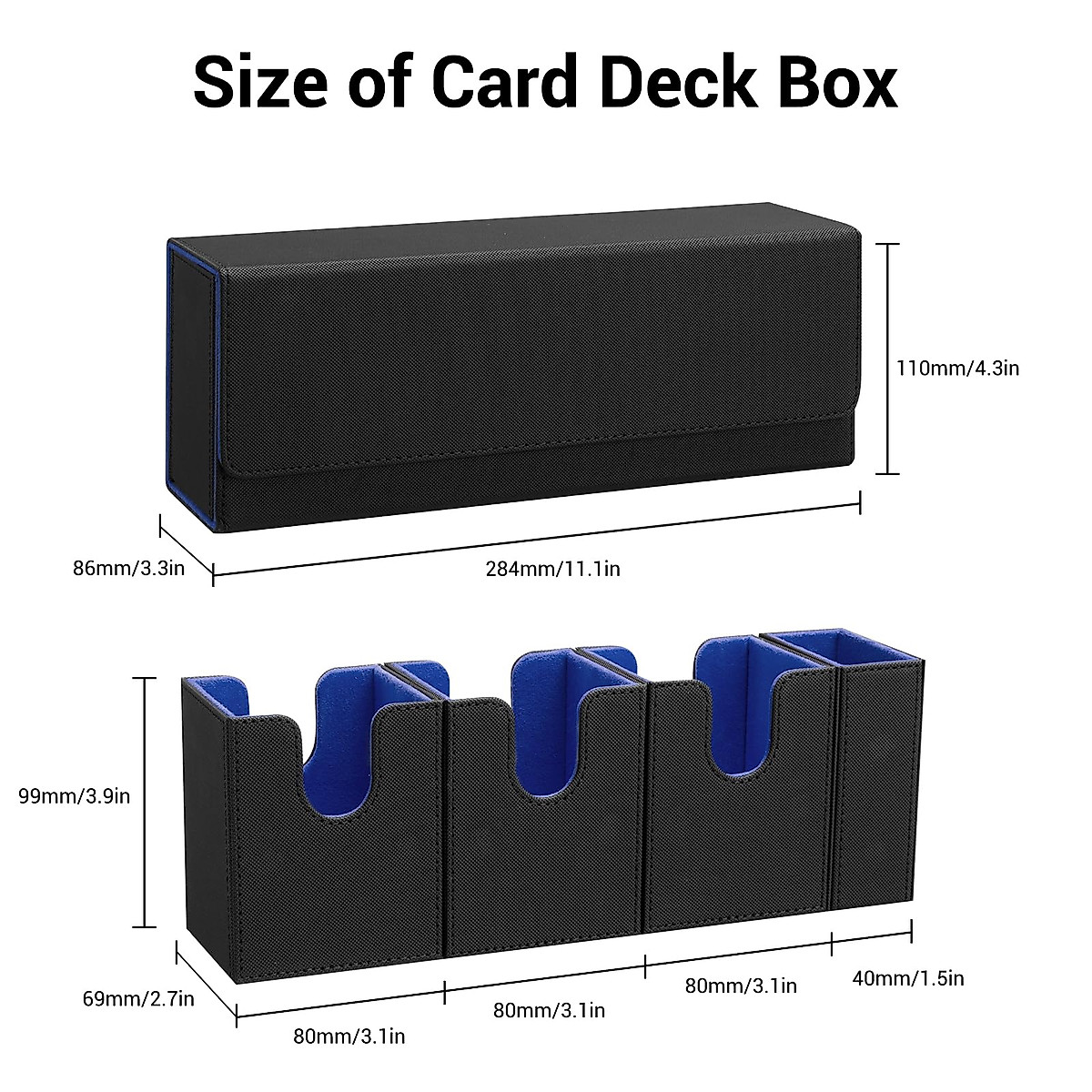 FOTEEMO Card Deck Box For MTG, 4 in 1 Commander Deck Box Deck Box With Dice Tray Trading Card Deck Storage Box Holding 300+ Sleeved Cards Yugioh Deck Box (Black and Blue)