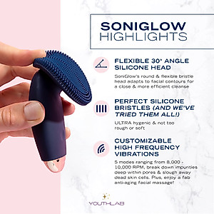 YouthLab SoniGlow, Navy, Silicone Facial Skin Cleansing Brush, Electric, Vibrating, Scrubber, Hygienic, Exfoliation, Massage, Firm, Tone, Blackheads, Pores, Waterproof, Rechargeable, Makeup Removal