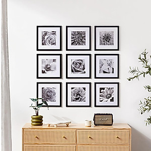 eletecpro 12x12 Picture Frames Black Set of 9, Wooden Square Frame Displays 8x8 with Mat and 12x12 without Mat, Poster Frame for Wall Hanging