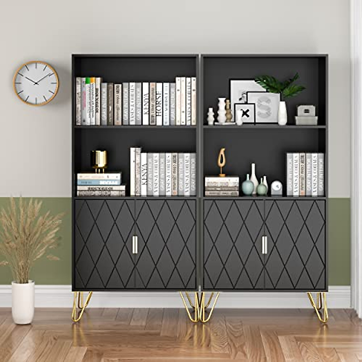 Anbuy Black Open Shelf Bookcase with Doors, Floor Standing Display Cabinet Rack with Gold Legs, Wooden Bookshelf for Home Decor Furniture for Home, Office, Living Room, Bedroom
