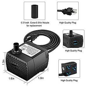 BestFire 90 GPH (350L/H, 5W) Submersible Water Pump, Ultra Quiet Fountain Water Pump with 5.9ft Power Cord, 12 Colorful Leds, 2 Nozzles for Fish Tank, Aquarium(US Plug)