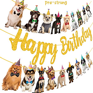 Dog Happy Birthday Banner Decorations Baby Dog Birthday Party Supplies Gold Glitter Puppy Birthday Banner Decorations for Pet Dog Theme Party Bunting Decoration Baby Shower Party Supplies