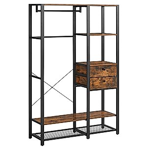 VASAGLE Free Standing Closet Organizer, Clothes Rack, Closet Organizer and Storage Shelves, Hanging Rod, 2 Drawers, Industrial Style, Rustic Brown and Black URGR001B01