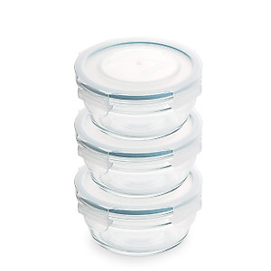 GLASSLOCK Snaplock Lid Tempered Storage Round Container Airtight 3 Container Set Anti Spill Microwave & Oven Safe 3.1cups/733ml