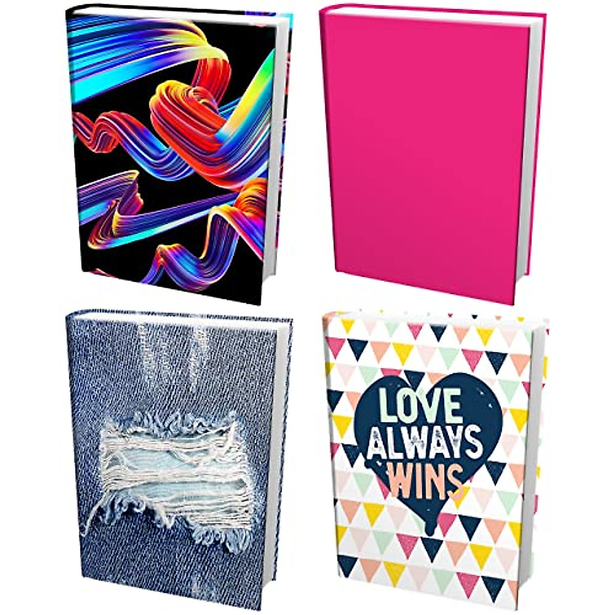 Easy Apply, Reusable Book Covers 4 Pk. Best Jumbo 9x11 Textbook Jackets for Back to School. Stretchable to Fit Most Large Hardcover Books. Perfect Fun, Washable Designs for Girls, Boys, Kids and Teens
