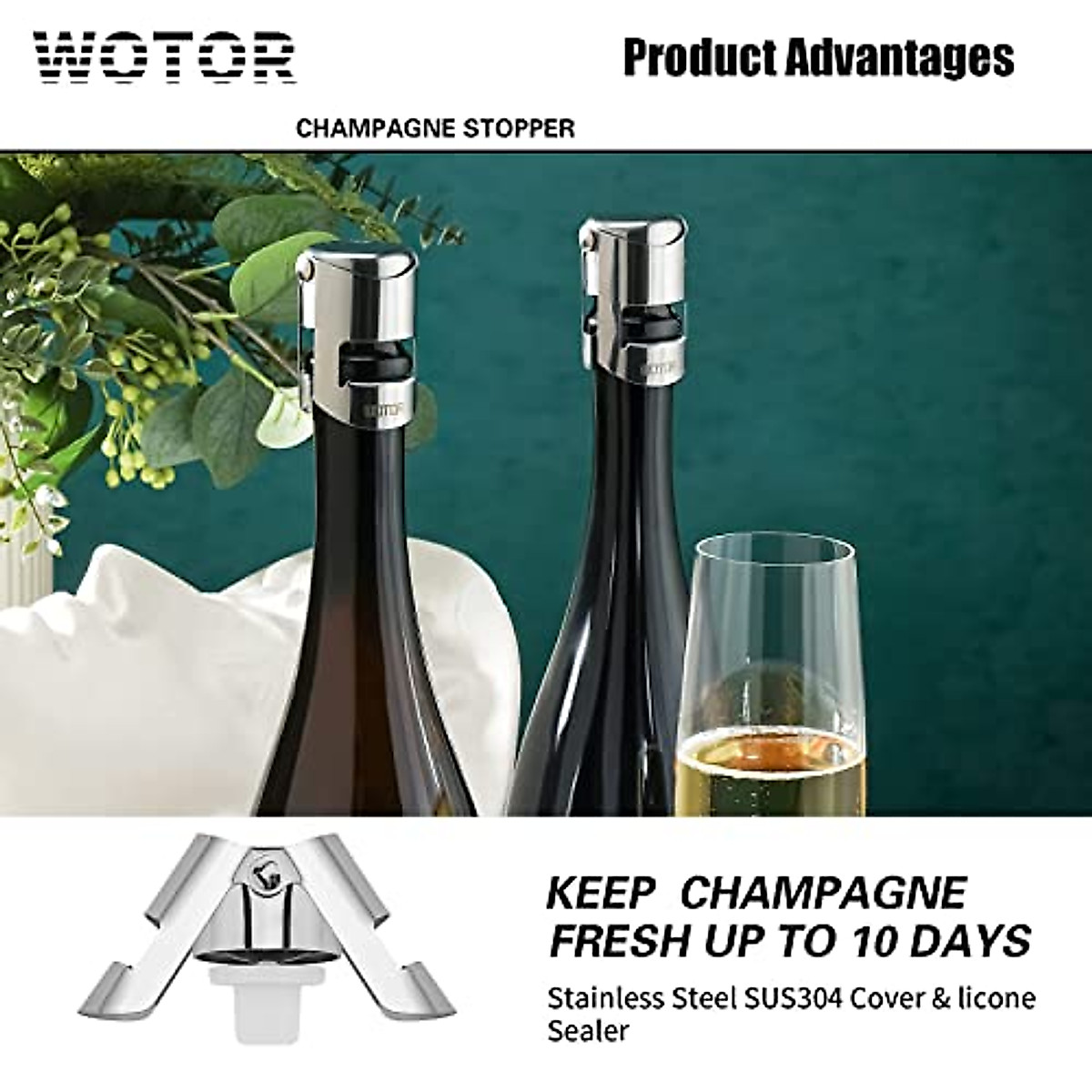 WOTOR Champagne Stoppers with Stainless Steel Champagne Bottle Stopper with Food Grade Silicone Reusable Champagne Cork, Saver Suitable for Champagne, Cava, Prosecco, Sparkling Wine (Silver, 2pack)