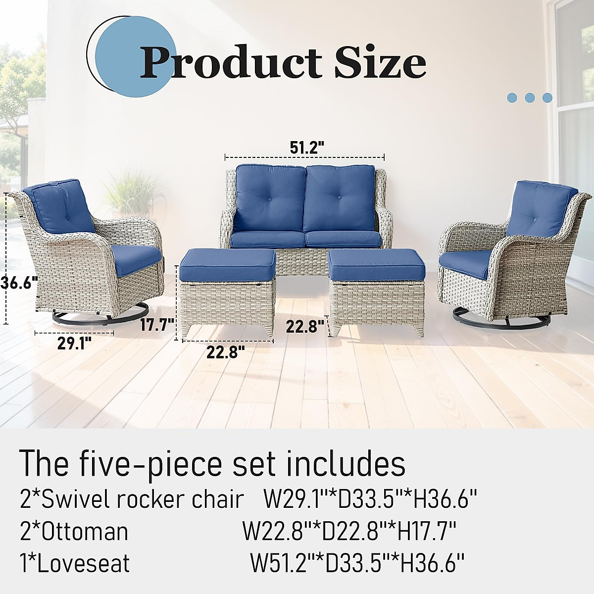 moosprr Patio Chairs Set, 5 PCS Furniture with Loveseat, Swivel Rocker Patio Chairs and 2 Wicker Ottoman, Light Grey / Blue, Casual/Tropical Style